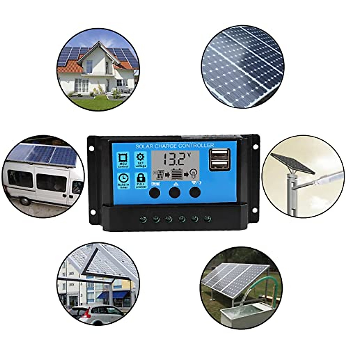 Aramox Solar Charge Controller, 12V-24V MPPT Solar Battery Solar Charge Controller PWM Controller 60A/50A/40A/30A/20A/10A(60A)