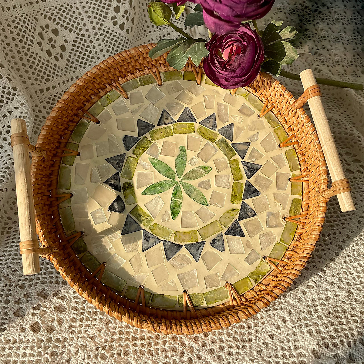VirgoLeo Set of 3 Round Rattan Tray with Mother of Pearl Inlay and Wood Handles, Boho Woven Wicker Tray for Coffee Table Décor and Storage, 11/9.45/8.66 Inch