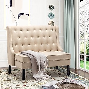 46" Small Modern Loveseat Settee Sofa Linen Fabric 2-Seat Sofa Couch Tufted Love Seat Dining Bench with Back Upholstered Banquette Sofas for Living Room Bedroom Small Space Entryway Beige