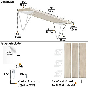 Wallniture Colmar 24" Bathroom Shelves Wall Mounted, Floating Shelves for Wall Decor, Wall Bookshelf Living Room Decor, Wall Shelves for Bedroom & Kitchen, White Brackets, Wood, Natural Set of 3