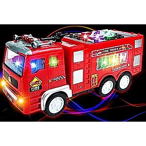 Toysery Fire Truck Toy, Realistic Fire Trucks Toddler Toys, Siren Head Toy with Vivid Lights, Bump and Go Red Fire Trucks for Kids,Fire Truck with Extending Fire Ladder - Cool Toys for Boys