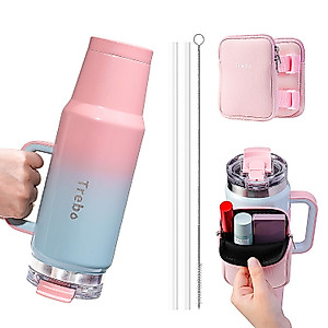 Trebo 40 oz Tumbler with Handle, Insulated Cup with Straw Leak-proof 2-in-1 Lid,Stainless Steel Coffee Mug for Cup Holder with Small Pouch, Metal Travel Flask Gifts for Her/Him,Keep Cold Hot,Orange