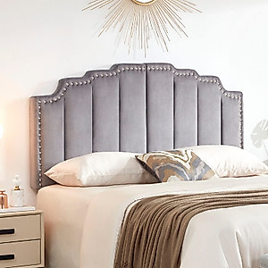 Kingfun Mid Century Headboard for Queen Size Bed, Velvet Upholstered Tufted Bed Headboard with Nailhead Decor, Adjustable Curved Solid Wood Head Board Vertical Channel Design (Medium Grey)