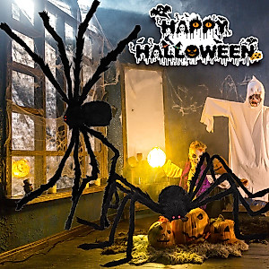 Apfity 2 Pack Halloween Decorations Spiders, Hairy Giant Spiders for Scary Halloween Decor Outdoor Wall Yard House, (6.5 FT + 5 FT)