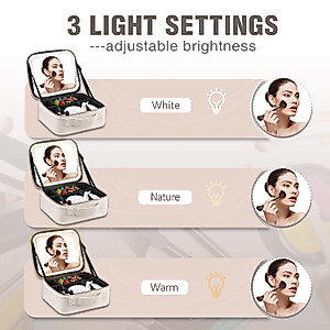 AZ GOGO Travel Makeup Bag with Light up Mirror, Makeup Train Case with Lighted Mirror 3 Color Brightness, Waterproof Portable Cosmetic Bag Organizer (Creamy White)