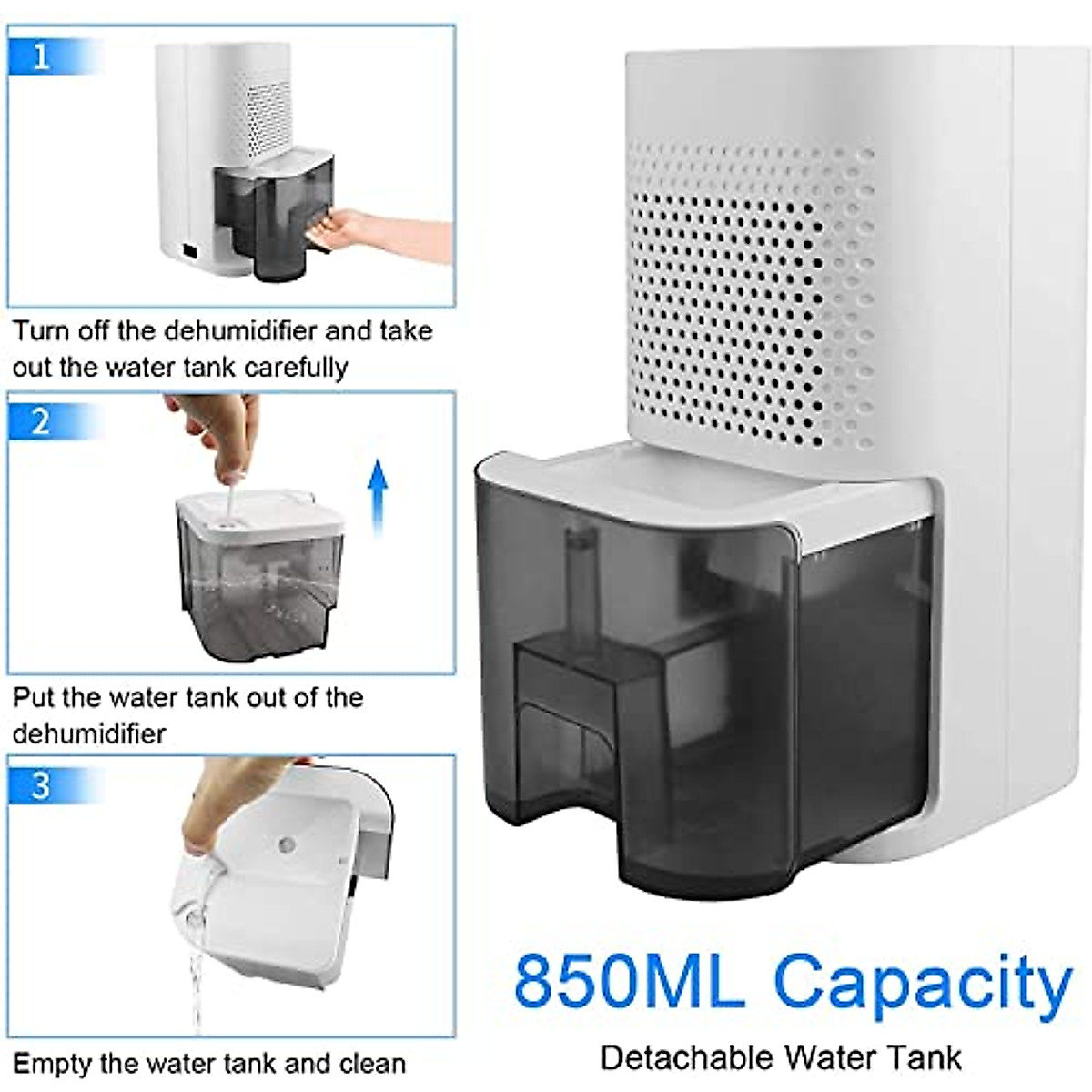 Small Quiet Dehumidifiers 30oz 850ml Portable Electric Dehumidifier with Smart Features Auto-Off for Damp Home, Room, Bedroom, Bathroom Wardrobe, Basement, Office