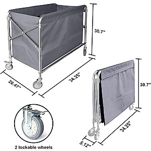 Bimiti Commercial Laundry Cart Folding Laundry Hamper Cart with Heavy Duty Rolling Lockable Wheels Collapsible Stainless Steel Laundry Trolley Cart with Foldable Waterproof Oxford Bag