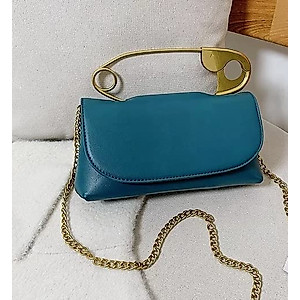 Safety Pin Clutch Handbag with Gold Chain Shoulder Strap, Blue