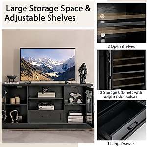 Tangkula Farmhouse TV Stand for TV up to 70 Inch, Tall Media Console Table w/2 Glass Doors, Entertainment Center w/Cubbies & Drawer, Storage Cabinet or Sideboard Buffet for Living Room (Black)