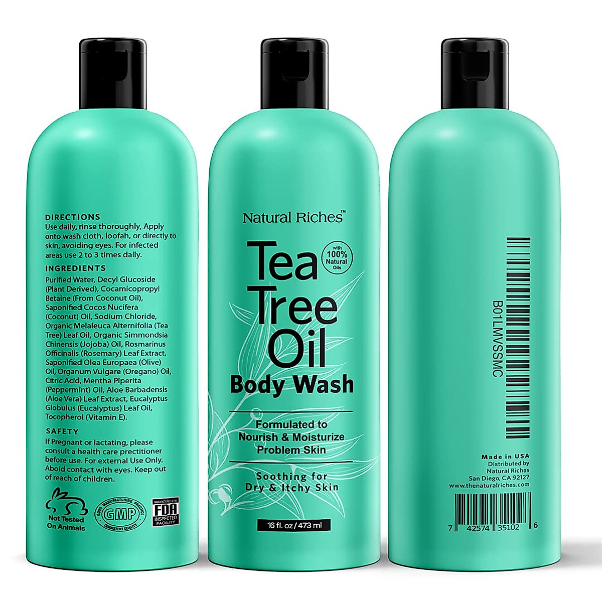 Natural Riches Tea Tree Oil Body Wash, 16 fl oz - Soothing, Calming, and Hydrating for Normal, Combination, Sensitive, Oily, and Dry sensitive skin bodywash