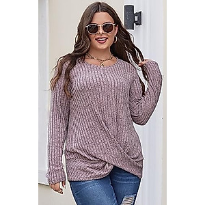 OFEEFAN Plus Size Tops for Women Dressy Fall Long Sleeve Crew Neck Light Sweaters Pink 3XL