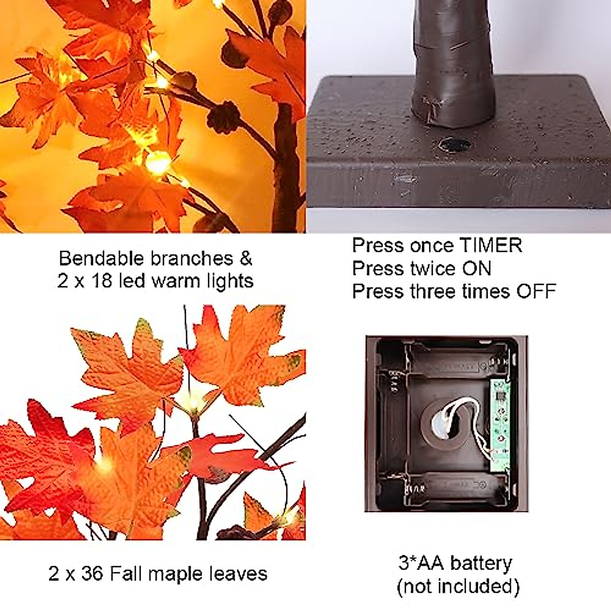 YEAHOME Fall Decorations for Home, 2 Pack 24”/2FT Lighted Fall Maple Leaves Tree with Warm White LEDs Autumn Decor, Pumpkin Lampshade, Pine Cone, Acorn Ornaments Battery Powered Timer for Thanksgiving