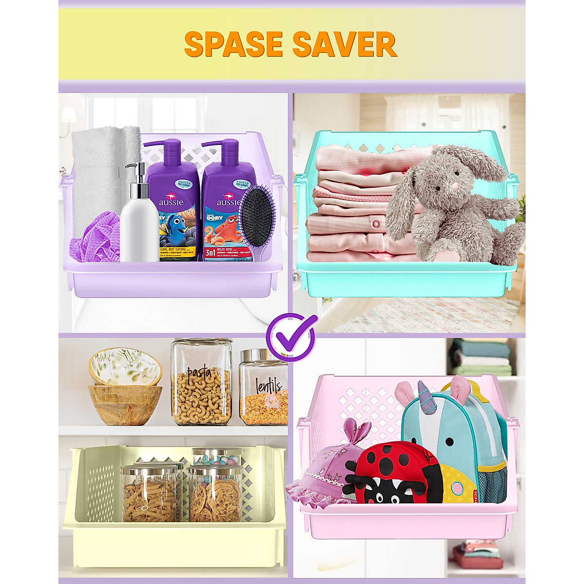 Skywin Large Stackable Storage Bins for Pantry, Multi - 4 Pack Stackable Bins For Organizing Food, Kitchen, and Bathroom Essentials (Rhombus)