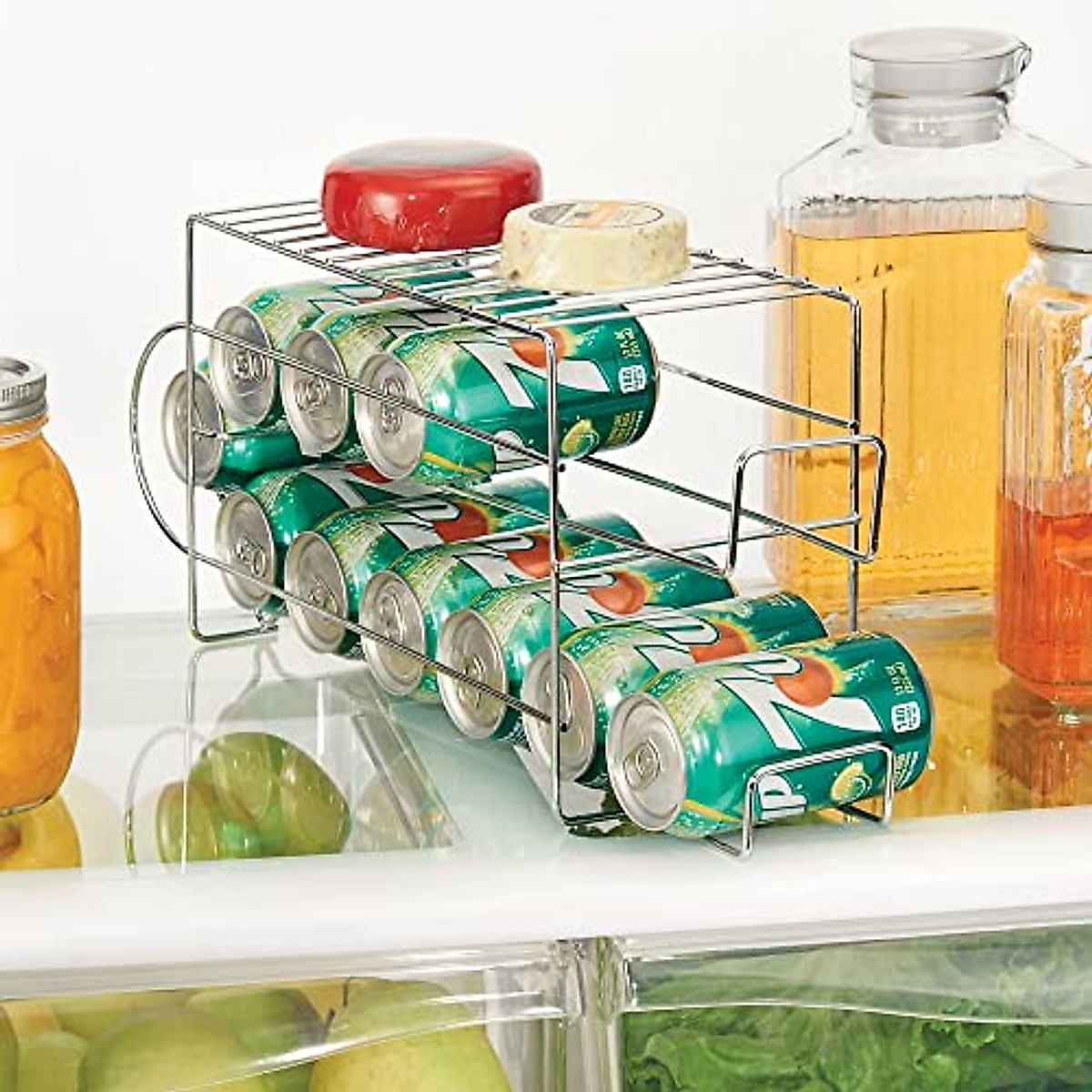 mDesign 2-Tier Metal Wire Standing Pop/Soda and Food Can Dispenser Storage Rack Organizer with Top Shelf for Kitchen Pantry, Countertop, Cabinet - Holds 12 Cans - 2 Pack - Chrome