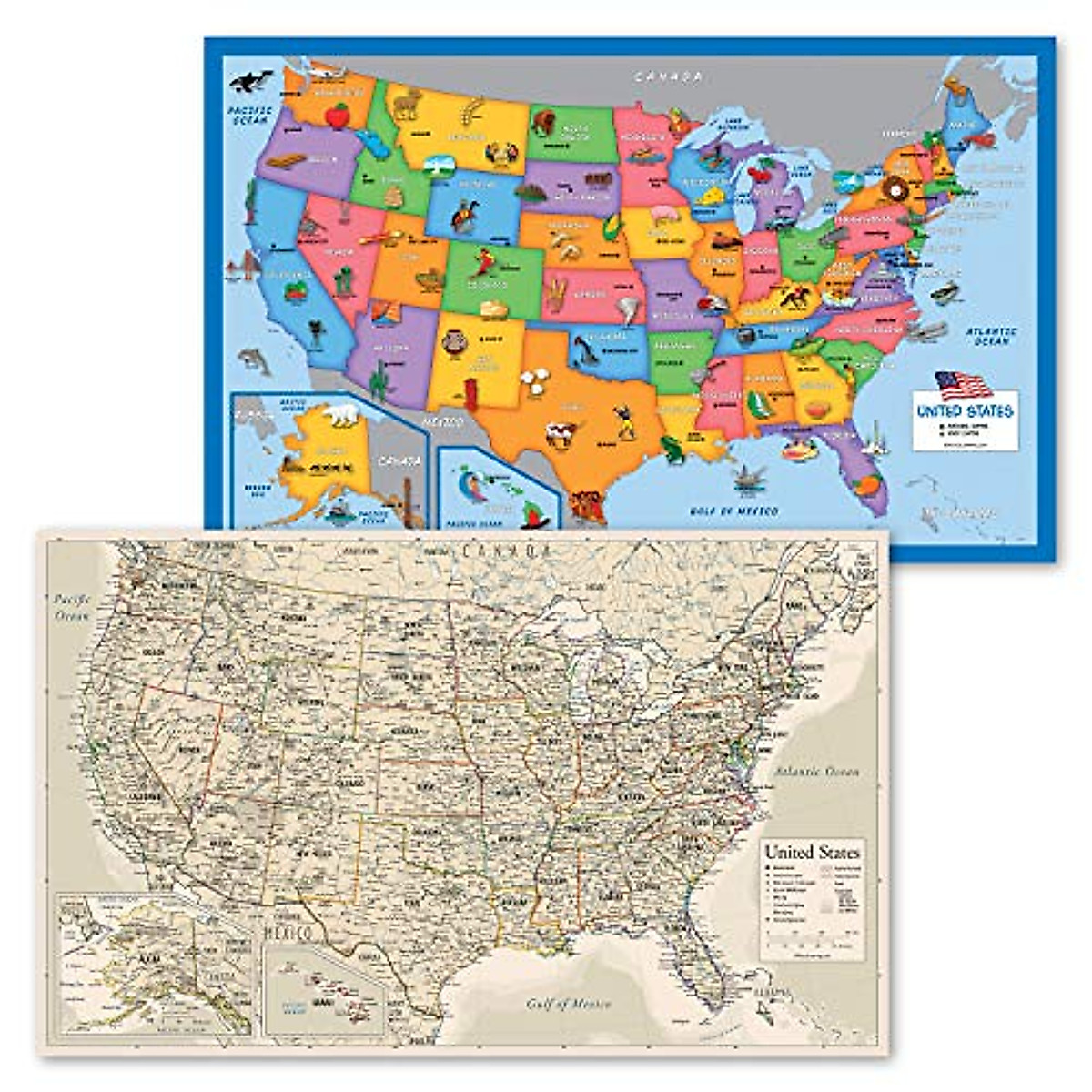 2 Pack - USA Map for Kids [Illustrated] + Antique Style United States of America Map (Laminated, 18" x 29")
