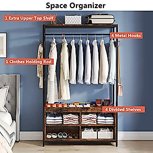 Tribesigns Freestanding Closet Organizer, Wooden Garment Rack for Hanging Clothes, Heavy Duty Wardrobe Rack with Storage, Industrial Clothing Racks with 6-Grid Organizer Box,Rustic Brown