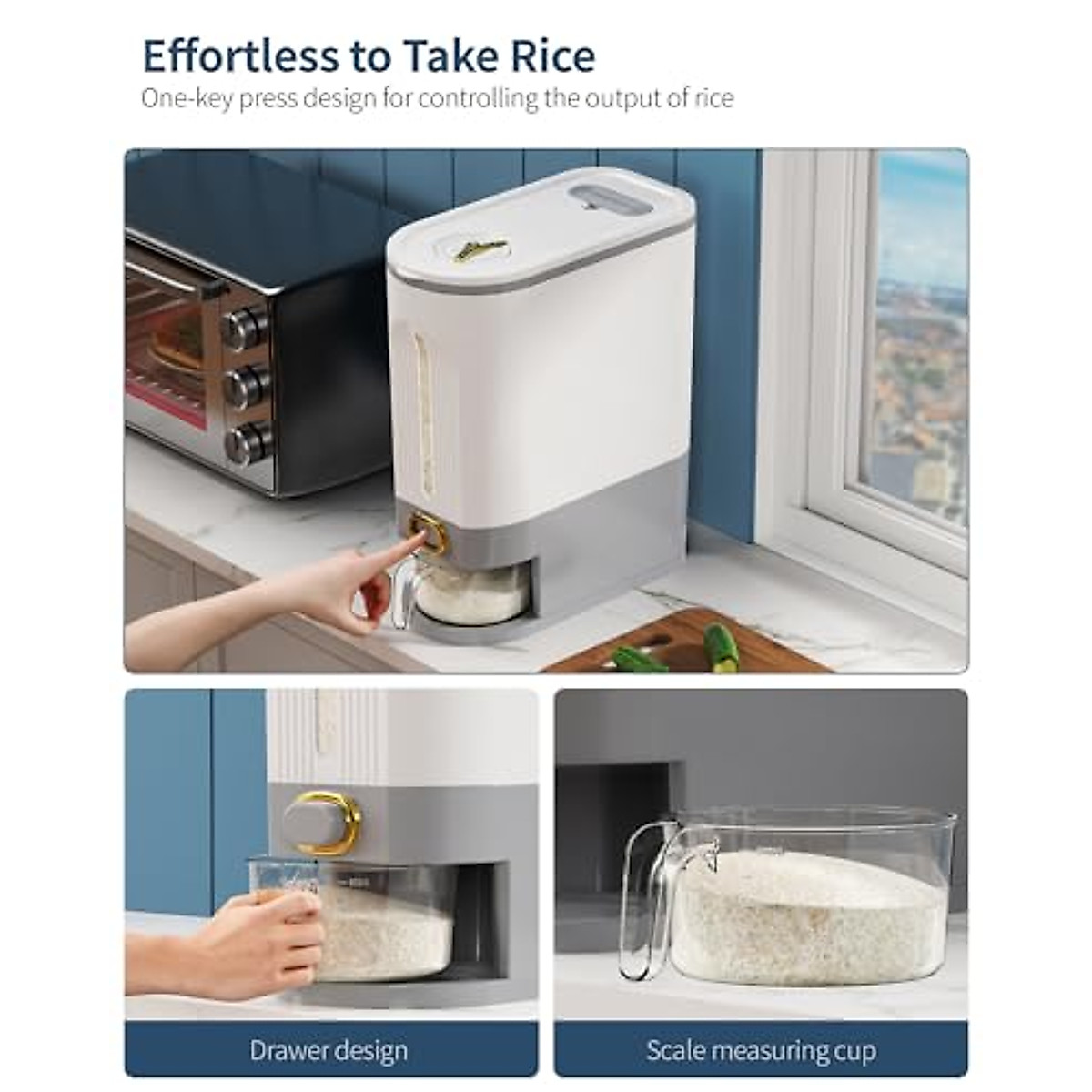 Lenwi 22 Lbs Rice Dispenser, Large Rice Container with Scale Measuring Cup, BPA-Free Household Rice Storage Container with Time Scale, for Home Kitchen Pantry Organization