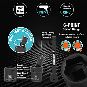 DURATECH 1/2" Drive Impact Socket Set, 20-piece Shallow Socket Set, Metric: 10-32mm with Impact Extension Bar and Universal Joints
