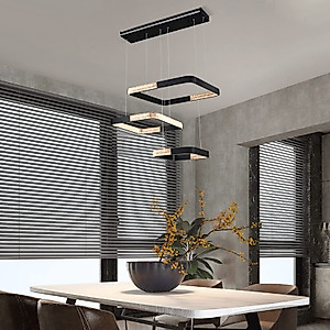 Dimmable Modern 70W LED Crystal Island Light with Remote 3 Color 3000K-6000K Adjustable 3 Black and Gold Square Rings Pendant Lighting for Modern Pendant Light for Dining Room Living Room