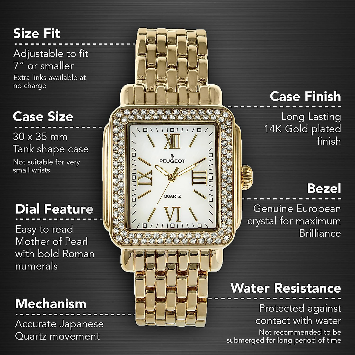 Peugeot Women Rectangle Dress Watch with Crystal Decorated Bezel, Roman Numerals and Bracelet