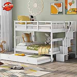 SNIFIT Upgraded Version & Stronger Solid Wood Convertible Bunk Bed Full Over Full with Trundle & Storage Shelves & Stairs, Thickened Reinforced Full Over Full Size Bunkbed (Easier Assembly) (White)