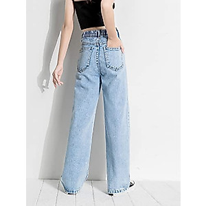 Romwe Girl's Vintage High Waisted Straight Leg Jeans Regular Fit Denim Pants Light Blue Light Wash 160