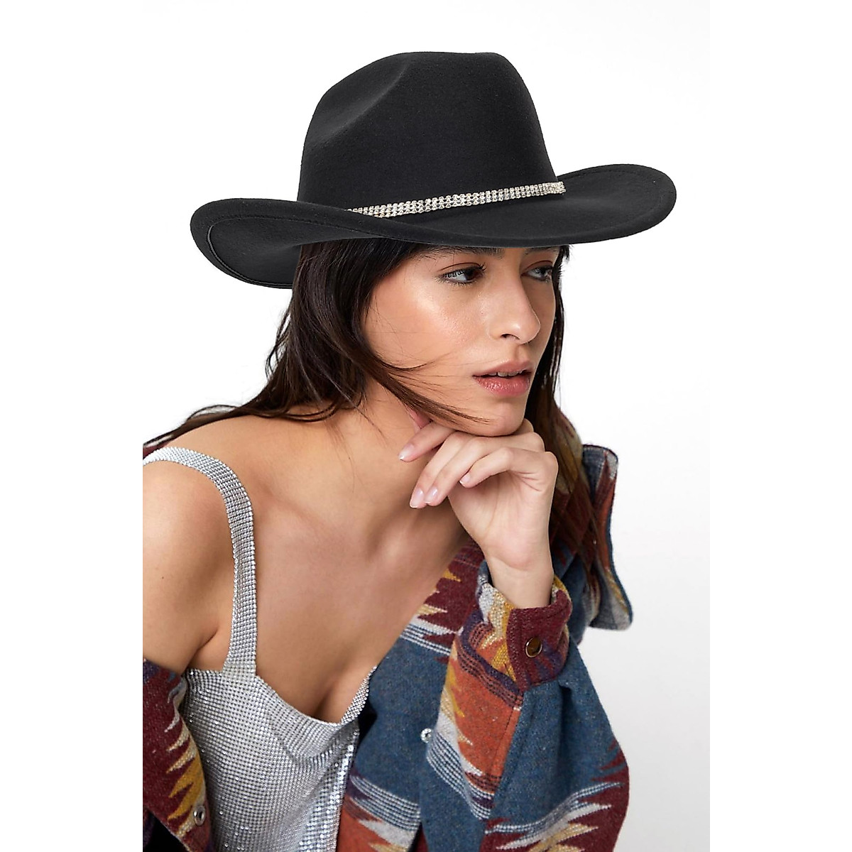 INOGIH Classic Black Western Felt Roll-Up-Brim Cowboy-Hat for Women Men - Bling Cowgirl-Hat Felt Fedora for Disco Parties