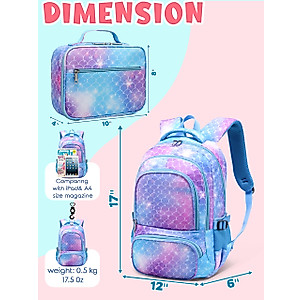 BLUEFAIRY Girls Backpack with Lunch Box Set Mermaid School Bag Set for Kids Elementary Primary School Book Bags Back to School Bookbags for Childs Lightweight Mochila para Niñas Cute Gifts Aged 4-8