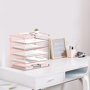 DALTACK Paper Organizer for Desk, 5-Tier Desk Organizer Tray, Paper Organizer Storage, Paper Tray Organizer for Home Office School, Pink