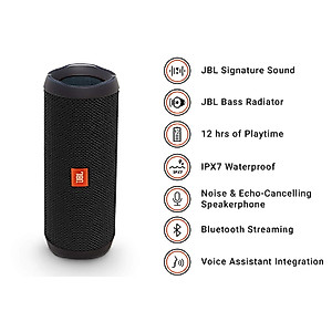 JBL Flip 4 Waterproof Portable Bluetooth Speaker (Black) (Renewed)