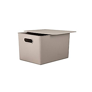 Superio Ribbed Collection - Decorative Plastic Lidded Home Storage Bins Organizer Baskets, X-Large Taupe (1 Pack - 22 Liter) Stackable Container Box, for Organizing Closet Shelves Drawer Shelf