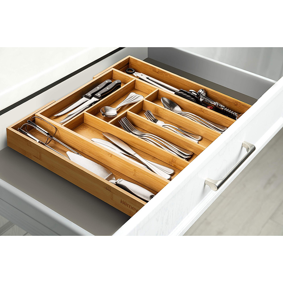 Bamboo Silverware Drawer Organizer - Expandable 100% Bamboo Cutlery Kitchen Drawer Organizer – Premium Wooden Utensil/Cutlery Tray for Kitchen Flatware Set– Eco-Friendly Silverware Organizer