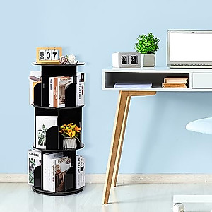 DOEWORKS 3 Tier 360 Heavy Duty Rotation Display Bookcase, Rotating Stackable Bookshelf Organizer Storage Display Rack for Home Office, Black