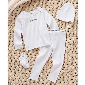 Calvin Klein Organic Unisex Baby Essentials 4-Piece Set with Long Sleeve Tee & Pants, Ultra-Soft Beanie & Socks Included, Bright White