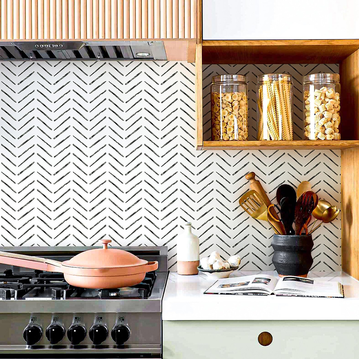 Rugreat Herringbone Peel and Stick Wallpaper Modern Contact Paper for Cabinets Stripe Wallpaper Neutral Self Adhesive Removable Wallpaper for Bedroom Bathroom Waterproof Black and White 78.8"×17.3"