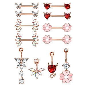 Sanfenly 12PCS Nipple Rings Belly Button Rings for Women 14G 316L Surgical Stainless Steel Curved Navel Barbell Cute Butterfly Flower Belly Piercing Nipple Piercing Jewelry Set