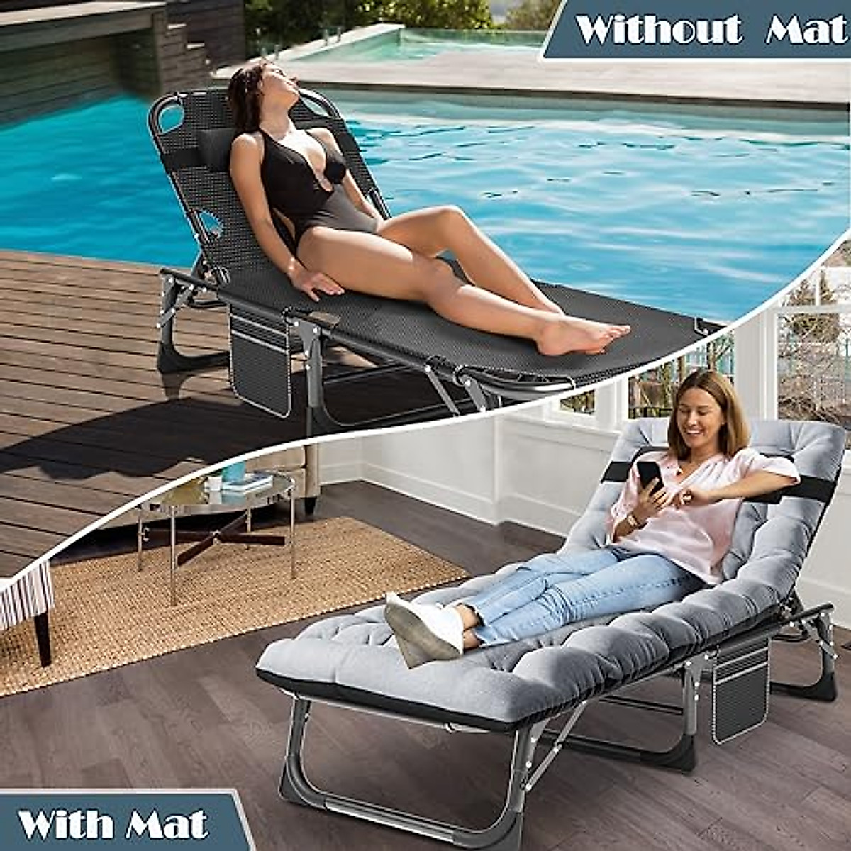 MOPHOTO Folding Chaise Lounge Chair 5-Position, Folding Cot, Heavy Duty Patio Chaise Lounges for Outside, Poolside, Beach, Lawn, Camping