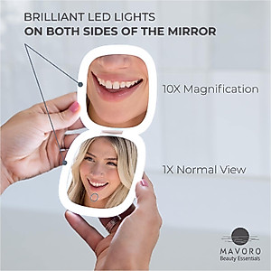 Mavoro LED Lighted Travel Makeup Mirror, Rechargeable, 1x/10x Magnification - Daylight LED, Pocket or Purse Mirror, Small Travel Mirror. Folding Portable Mirror, Touch Sensor, USB (Heavenly Pink)