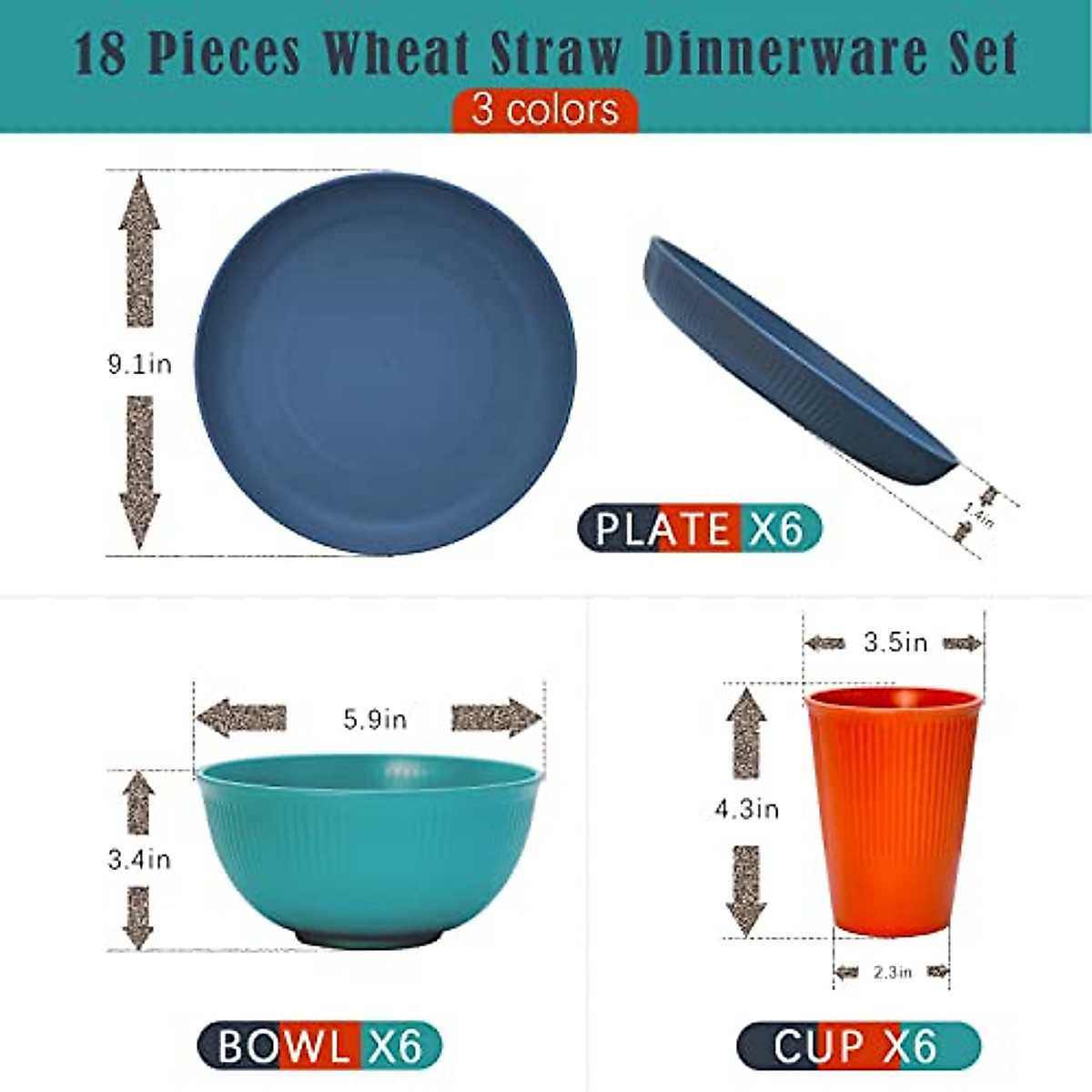 Dhnvcud 18-Piece Plates and Bowls Sets,Wheat Straw Dinnerware Sets for 6,Unbreakable Plastic Dinnerware Set,Reusable Plates,Bowls and Cups,Plastic Dishes Set for Kitchen,Outdoor Camping,RV