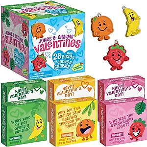 Peaceable Kingdom Valentines Cards for Kids Classroom, Set of 28 Valentines Day Gifts - Silly Jokes with Fruit Charms
