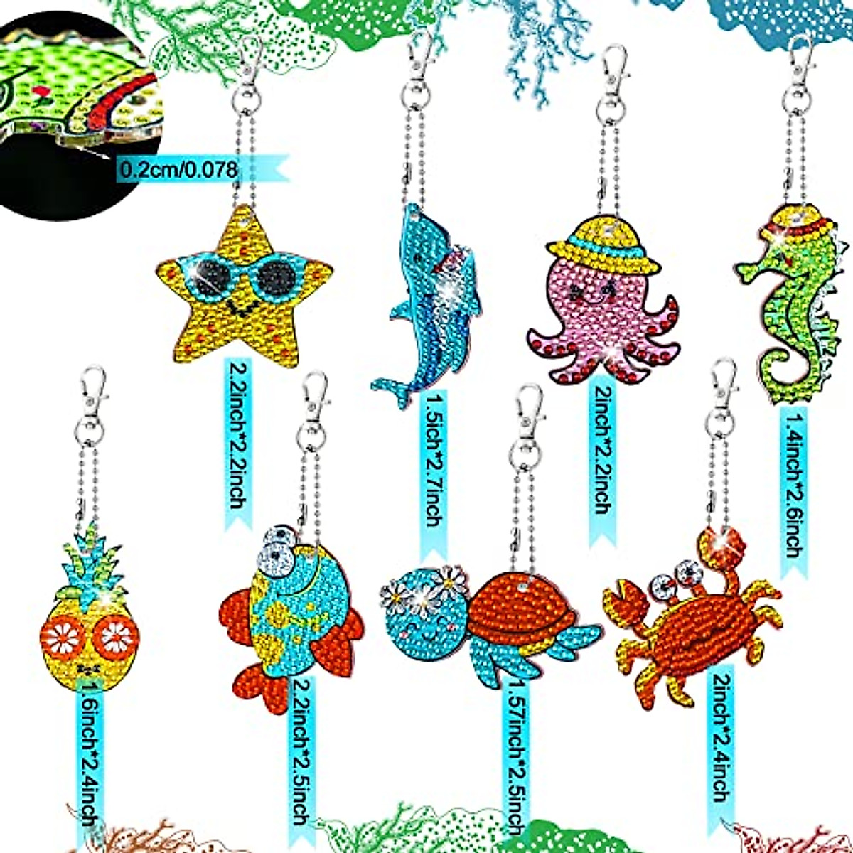 8 Pcs Diamond Art Keychains Diamond Painting Keychains Kids Arts and Crafts 5D Diamond Painting Kits Gem Art Diamond Keychains for Boys Girls Ages 8-12 DIY Gift Birthday Party Favors (Ocean Style)