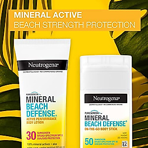 Neutrogena Purescreen+ Mineral Beach Defense Active Performance Body Lotion Sunscreen with Broad Spectrum SPF 30, Quick Drying and Water-Resistant 80 Minutes UVA/UVB Protection, 3.0 fl. oz