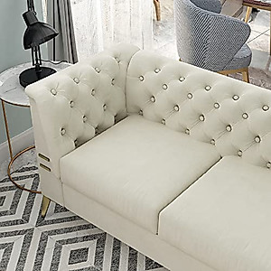 kevinplus Velvet Chesterfield Sofa Couch for Living Room, Modern Tufted 3-Seat Upholstered Sofa Couch for Apartment Bedroom Dorm Office Studio, Gold Metal Legs, Beige