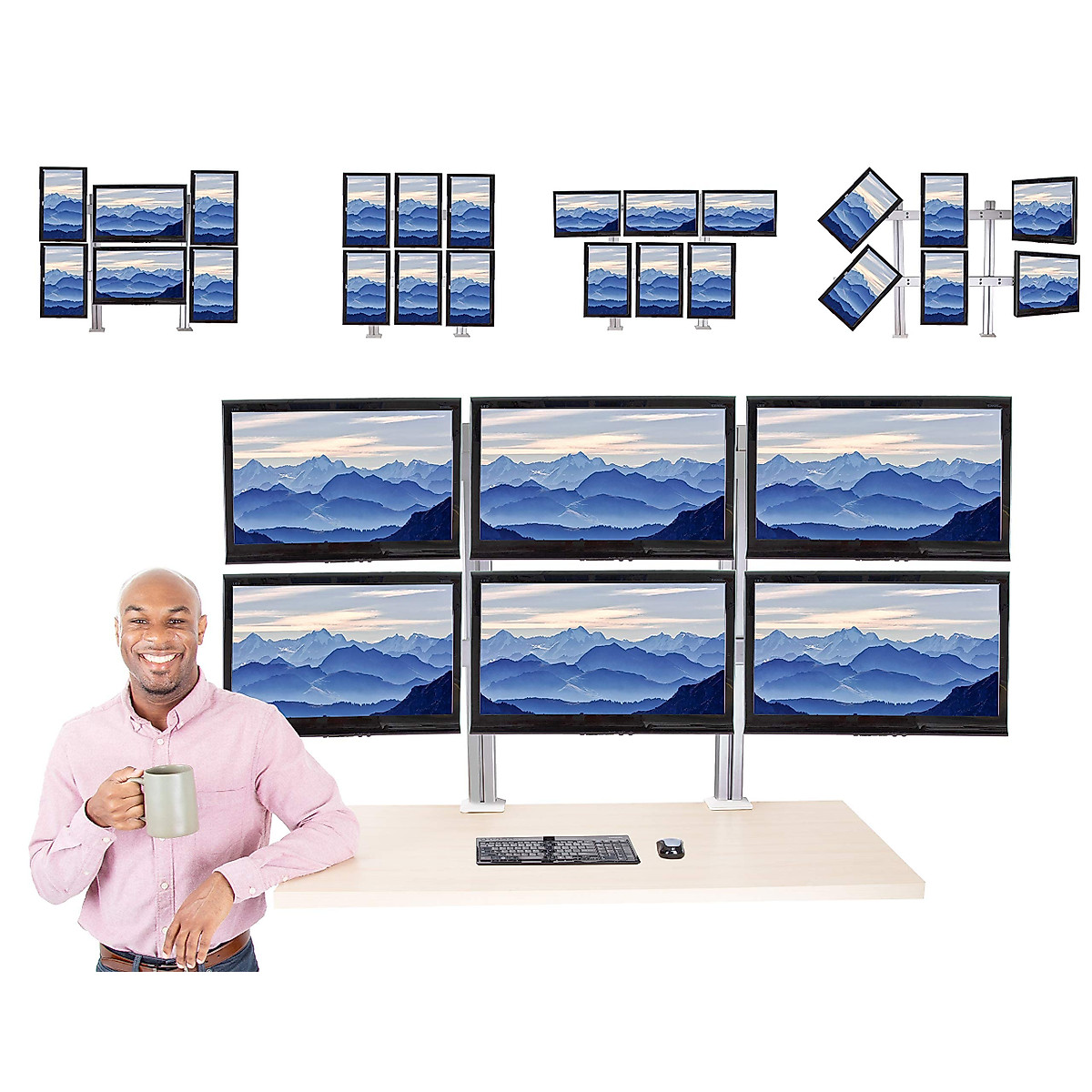 Stand Steady 6 Monitor Mount Desk Setup - Heavy-Duty Height Adjustable Monitor Stand, Swivel Arm with Clamp-On Base, 6 Screen VESA Mount Fits Most LCD/LED Monitors 17-32 in. (Silver, 6 Mounts)