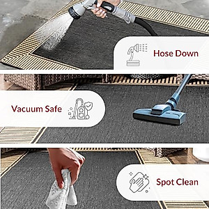 nuLOOM 7' Round Outdoor Area Rug, Casual Design With Striped Border, Stain Resistant, Highly Durable, For Patio, Balcony, Bedroom, Living Room, Dining Room, Bathroom, Dark Grey