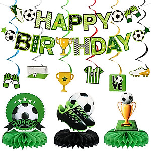 16 Pcs Soccer Birthday Party Decorations Soccer Party Supplies Include Soccer Happy Birthday Banner, Paper Cutouts, Honeycomb Centerpiece, Soccer Hanging Swirl for Boys Kids Sports Football Parties