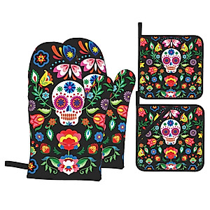 Mexican Skull Skeleton Floral Oven Mitts and Pot Holders Set of 4, Oven Mittens and Potholders Heat Resistant Gloves for Kitchen Cooking Baking Grilling BBQ