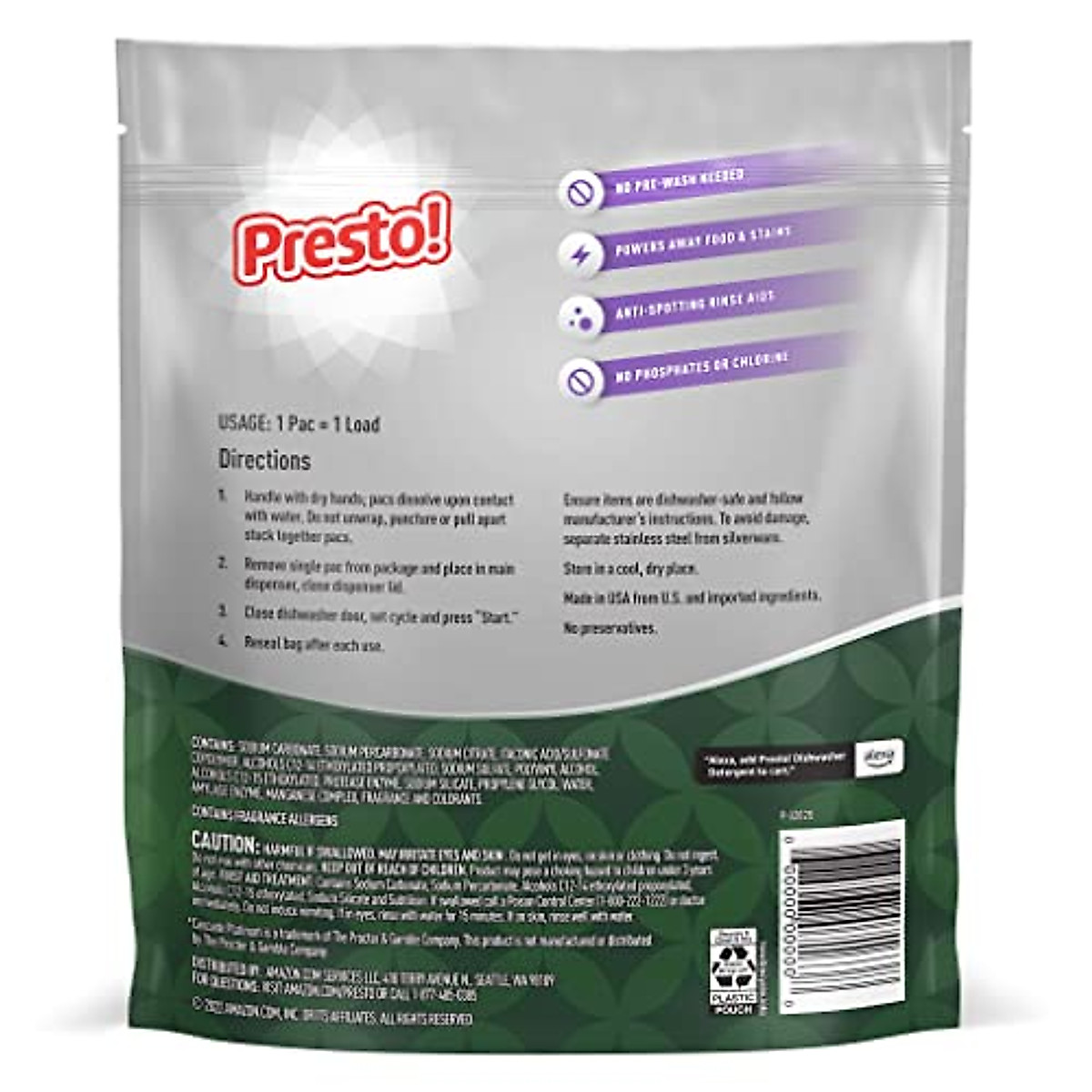 Amazon Brand - Presto! Triple Action Dishwasher Pacs, Fresh Scent, 70 Count