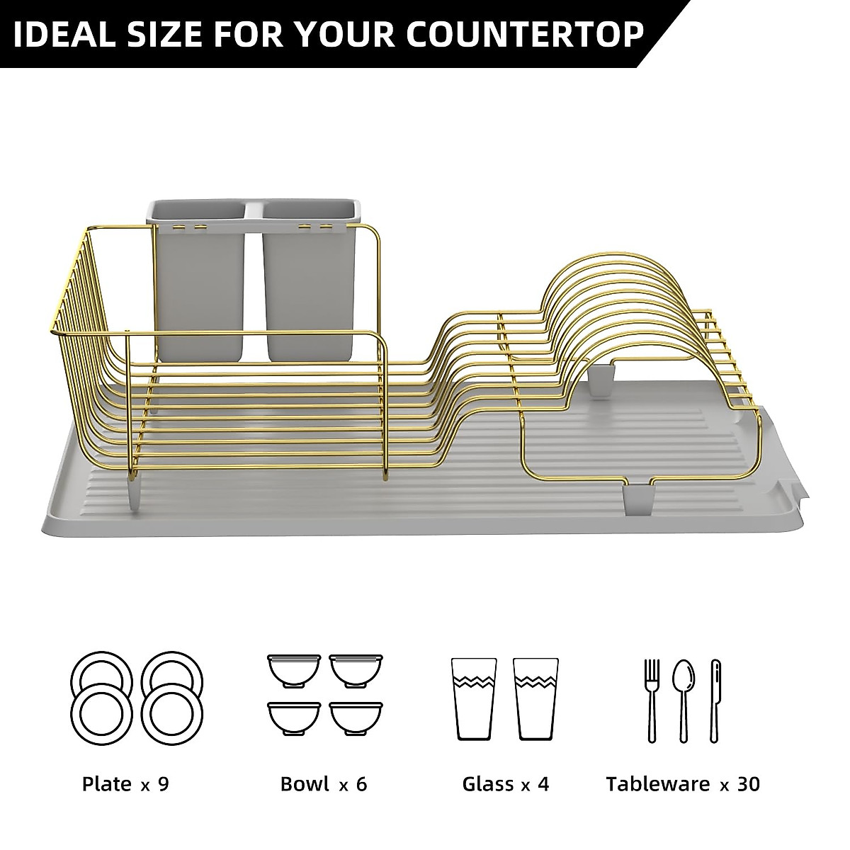 Buruis Dish Drying Rack, Gold Dish Drainer with Anti-Slip Rubber Feet Organizer includes Removable Drain Board and Utensil Holder, Large Capacity Stainless Steel Dish Racks for Kitchen (Gray)