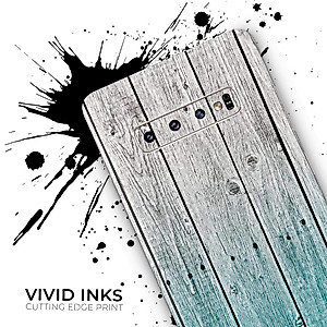 DesignSkinz Trendy Teal to White Aged Wood Planks Protective Vinyl Decal Wrap Skin Cover Compatible with The Samsung Galaxy S20 (Screen Trim & Back Glass Skin)